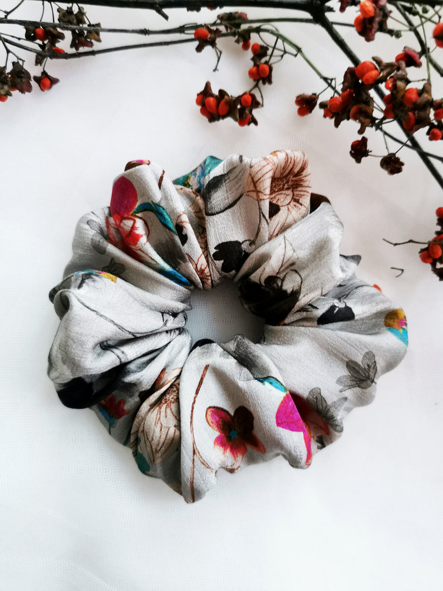 100% SILK Handmade grey colorful floral big hair scrunchy – Mellina Vintage