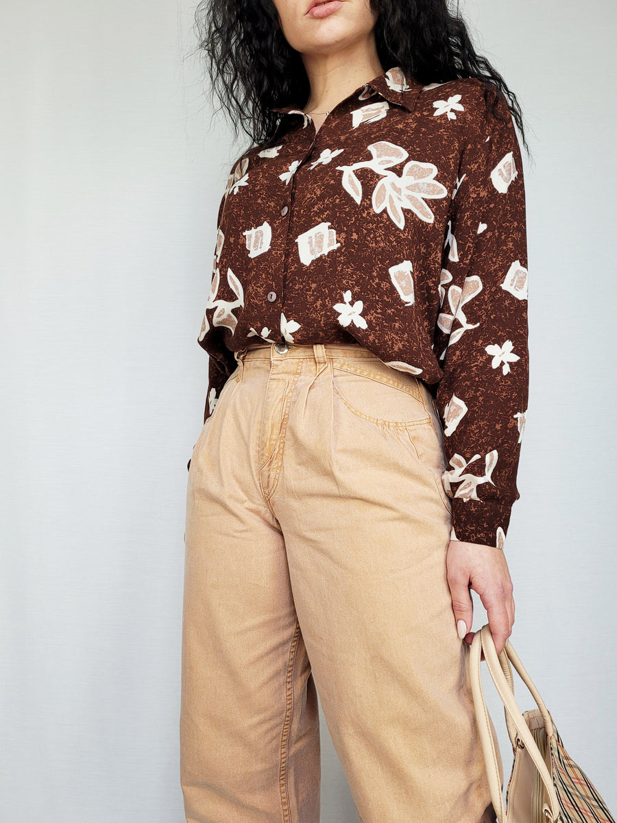 Vintage 80s brown floral long sleeve minimalist shirt blouse – Mellina ...