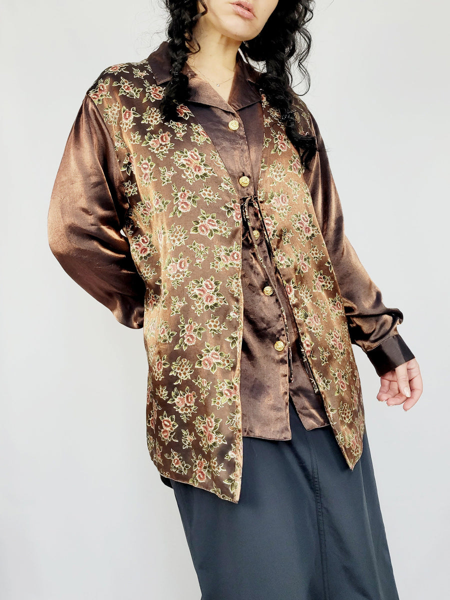 Vintage 90s bronze shimmer two layer floral shirt blouse – Mellina Vintage
