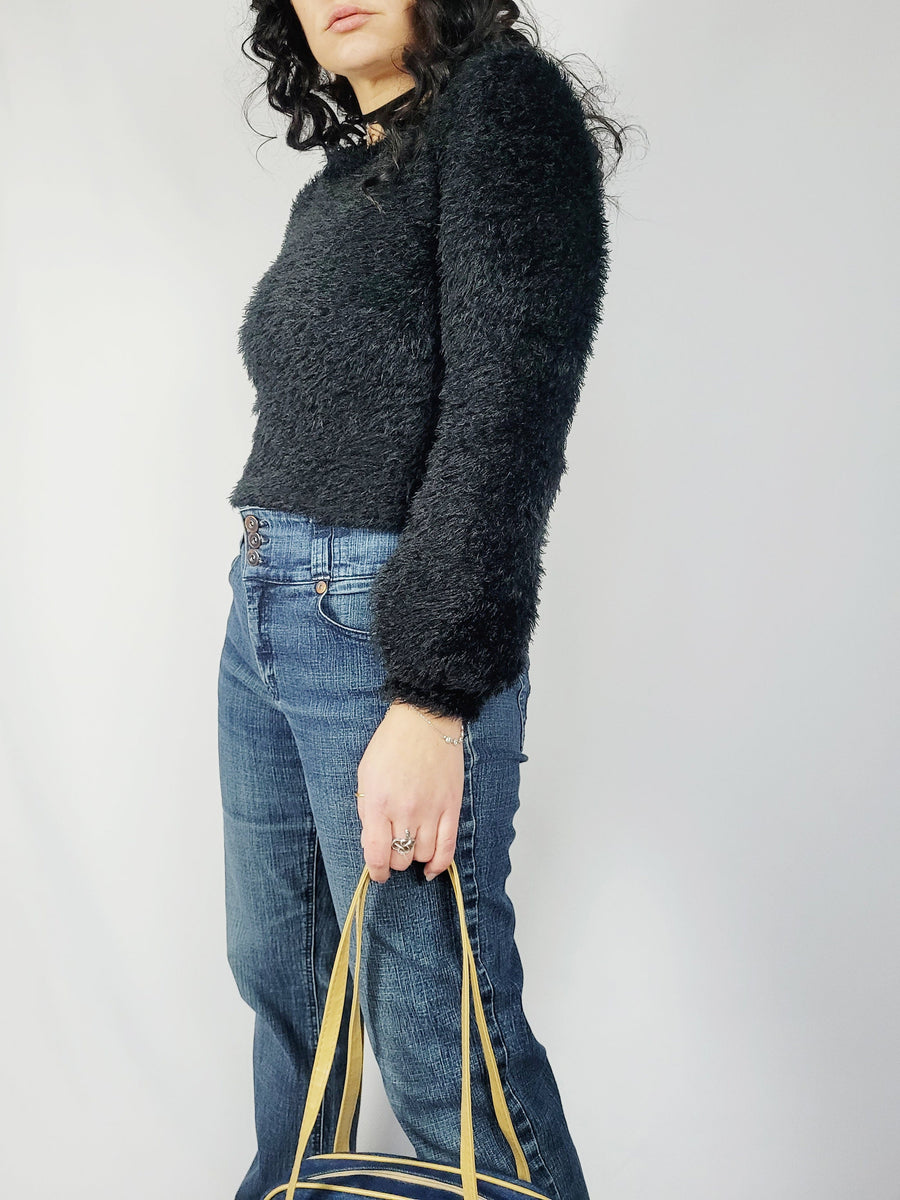 Y2K 00s retro black furry fluffy minimalist crop sweater top – Mellina ...