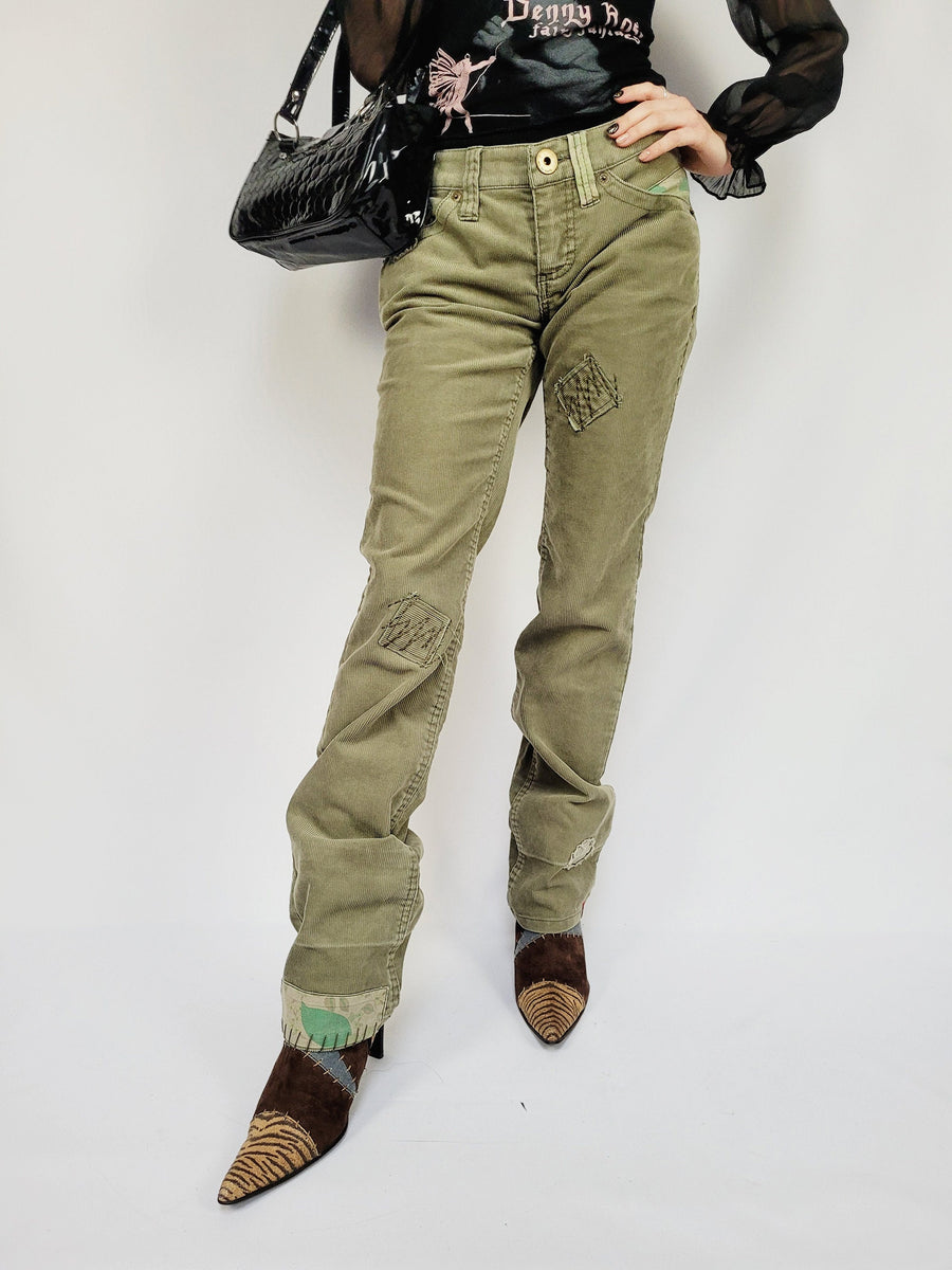 90s retro esprit olive green corduroy low waist flare pants – Mellina ...