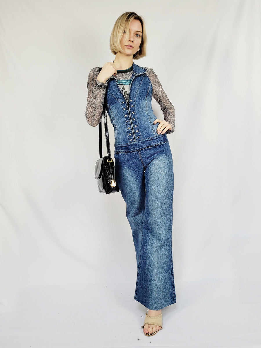 90s vintage blue denim flare halter dungarees jumpsuit – Mellina Vintage