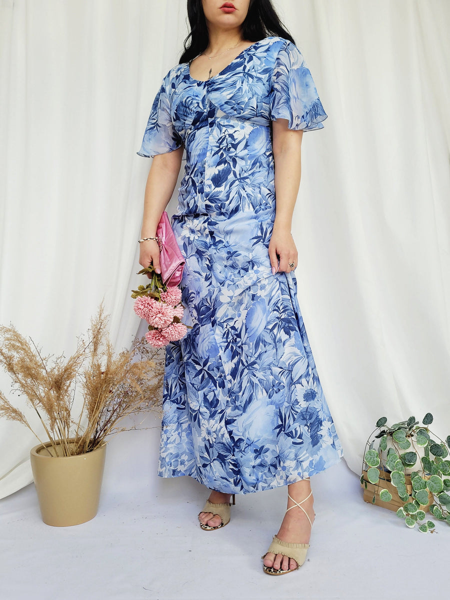 Retro 90s blue floral minimalist occasional maxi dress – Mellina Vintage