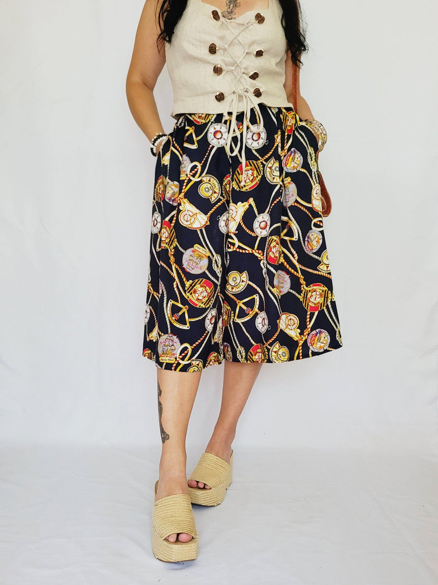 90s navy nautical marine print wide long summer shorts – Mellina Vintage